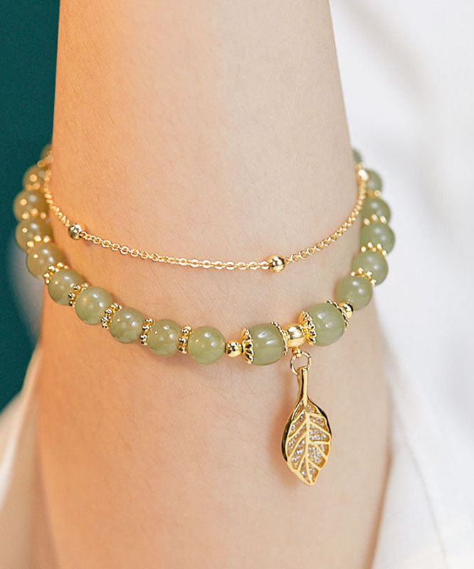 Beautiful Green 18K Gold Inlaid Jade Zircon Leaf Charm Bracelet – SooLinen