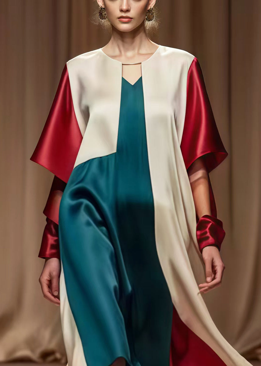 Boho Colorblock Asymmetrical Patchwork Silk Tea Dress Spring Soolinen