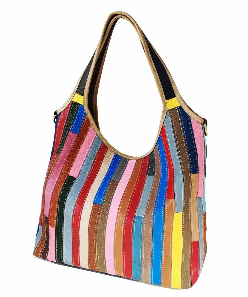 Boutique Striped Colorblock Calf Leather Satchel Bag Handbag – SooLinen