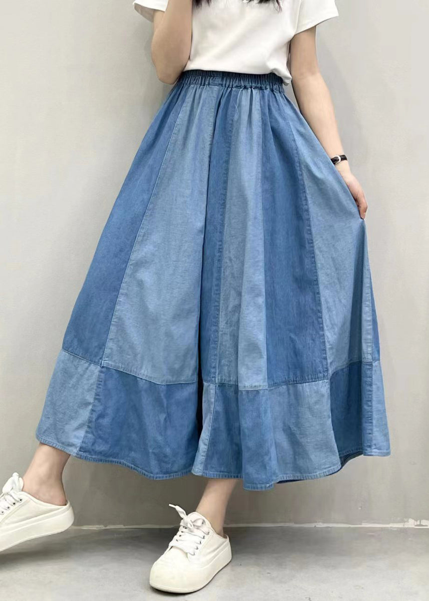 Fitted Light Blue Oversized Patchwork Denim Wide Leg Pants Summer – SooLinen