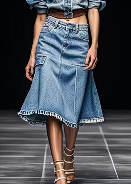 French Blue Pockets High Waist Patchwork Denim Skirt Summer – SooLinen