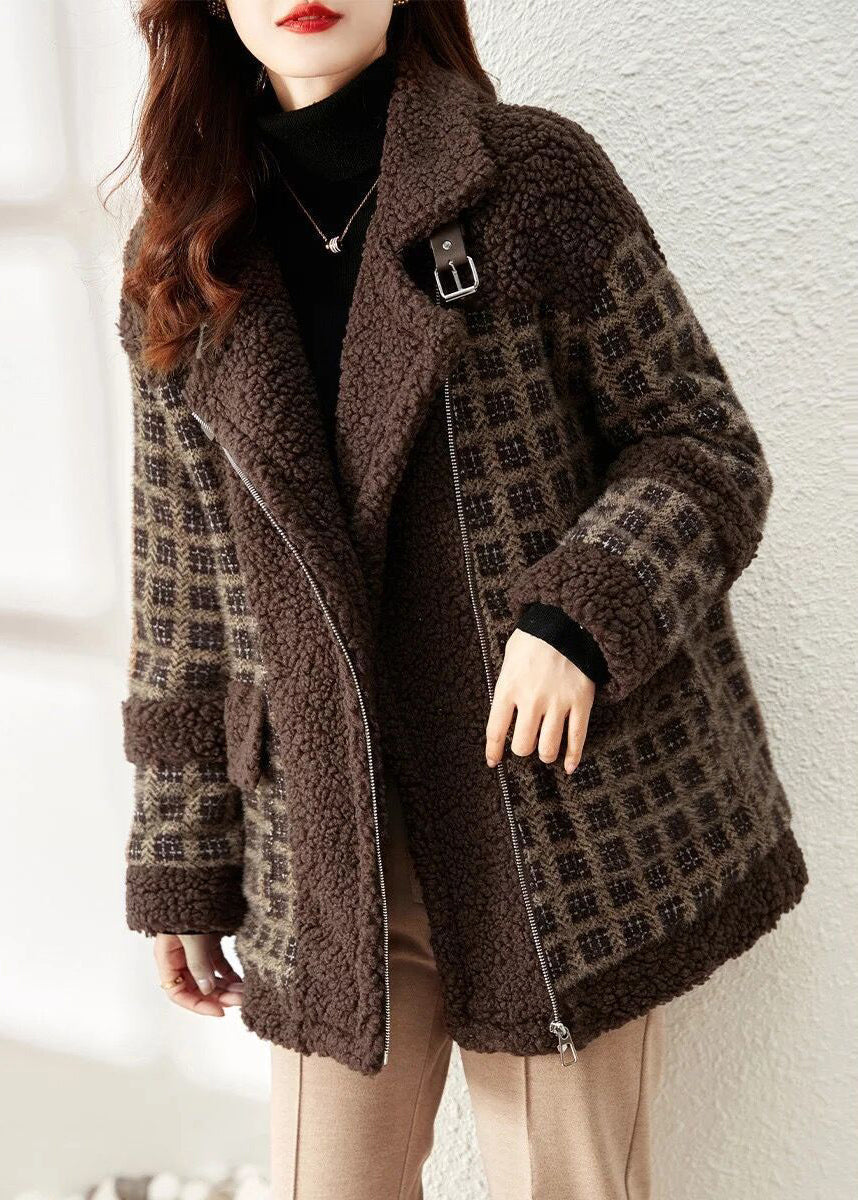 Loose Coffee Plaid Zip Up Patchwork Teddy Faux Fur Coat Winter – SooLinen