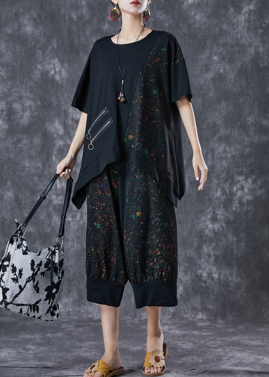 Plus Size Black Asymmetrical Patchwork Cotton Two Piece Set Outfits Su – SooLinen