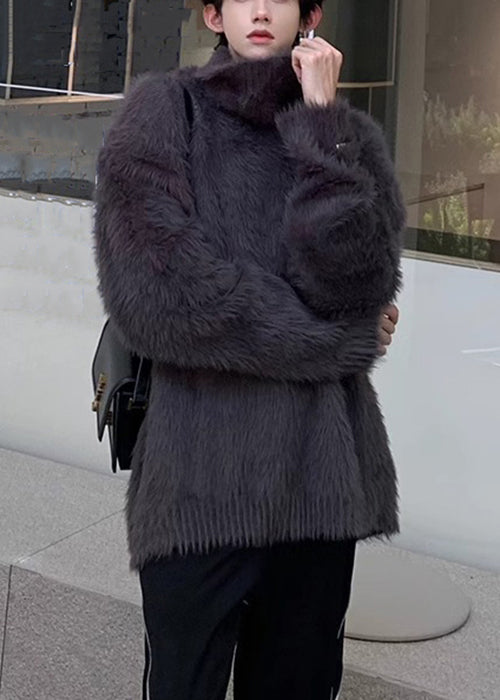 Simple Dark Gray Solid Mink Hair Knitted Mens Sweaters Turtleneck Wint – SooLinen