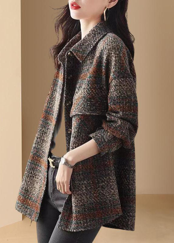 Unique Peter Pan Collar Plaid Button Thick Coat Long Sleeve – SooLinen