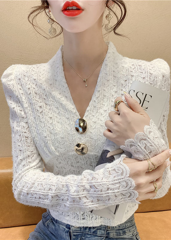 Bohemian White Sequins V Neck Lace Tops Spring – SooLinen