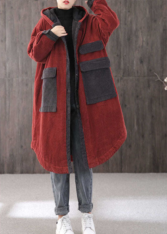 Elegant Red hooded Pockets Button Winter Coat Long sleeve – SooLinen