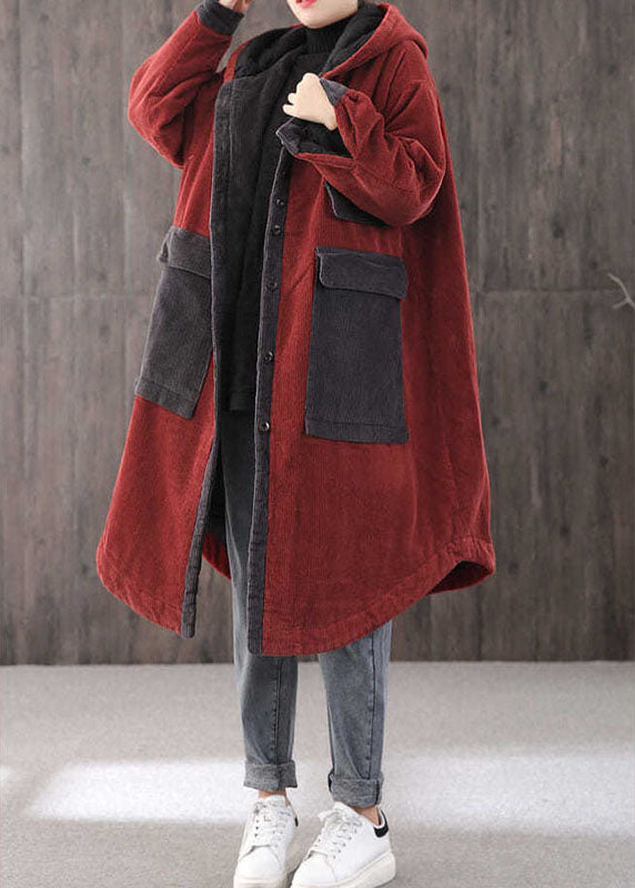 Elegant Red hooded Pockets Button Winter Coat Long sleeve – SooLinen