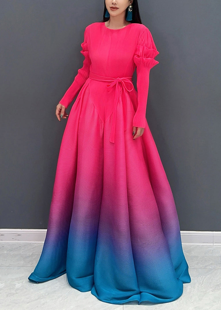 2025 Red O-Neck Gradient Color Maxi Dresses Long Sleeve – SooLinen