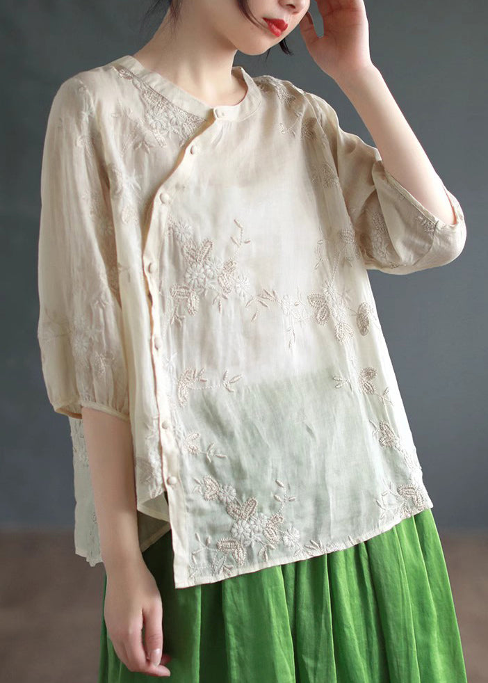 Apricot Embroidered Patchwork Linen Blouses O Neck Half Sleeve – SooLinen