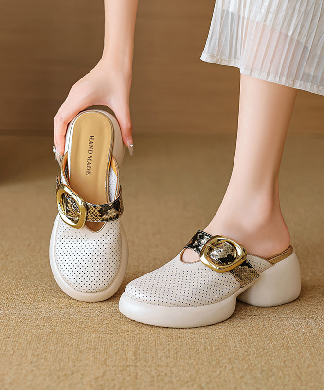 Apricot Platform Cowhide Leather 2025 Hollow Out Slide Sandals – SooLinen