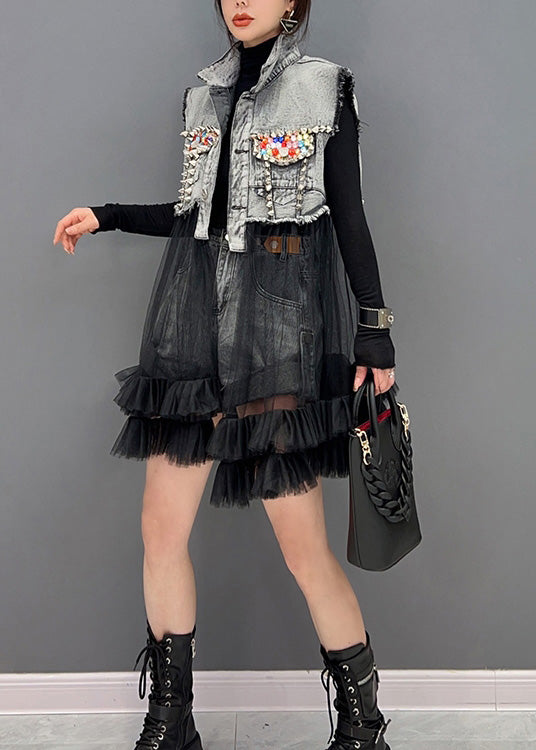 Art Black Stand Collar Tulle Patchwork Denim Mid Dress Long Sleeve – SooLinen