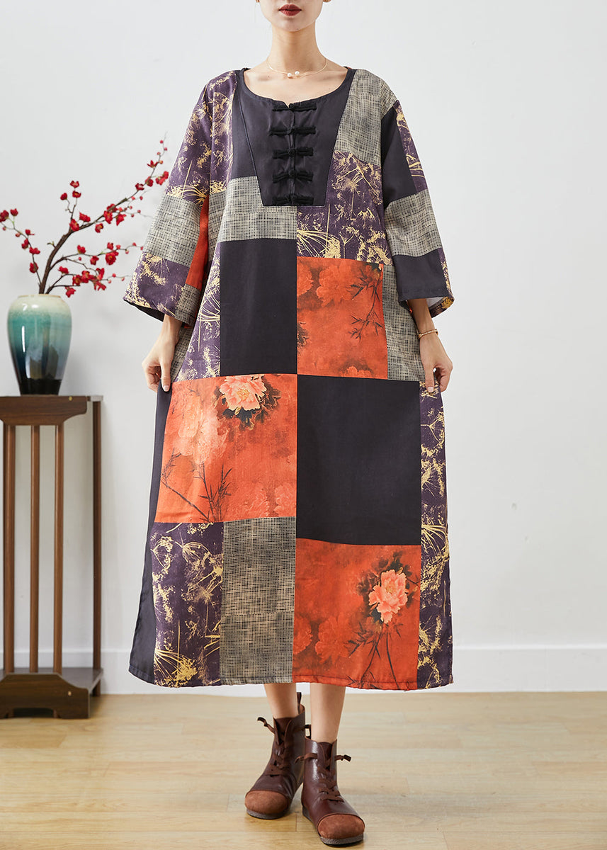 Art Colorblock Oversized Patchwork Print Linen Long Dresses Fall – SooLinen