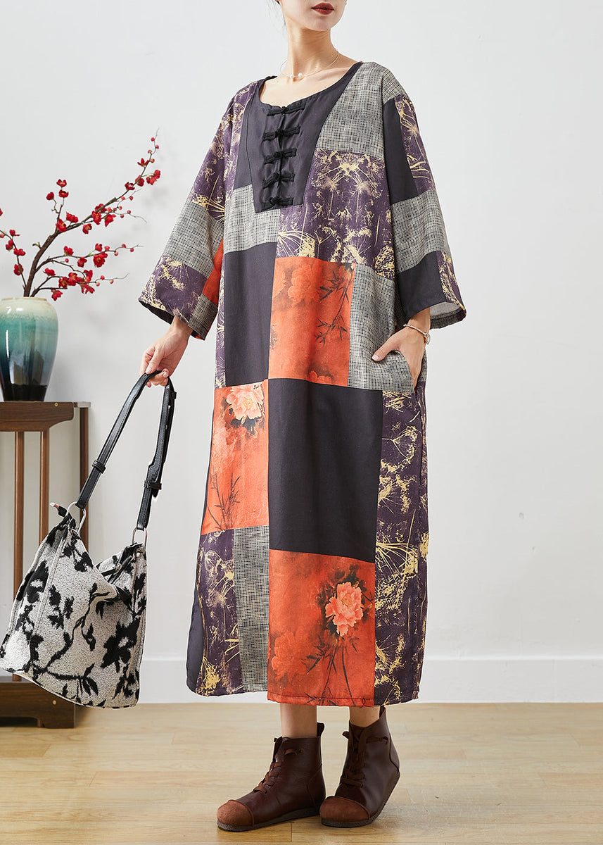 Art Colorblock Oversized Patchwork Print Linen Long Dresses Fall – SooLinen
