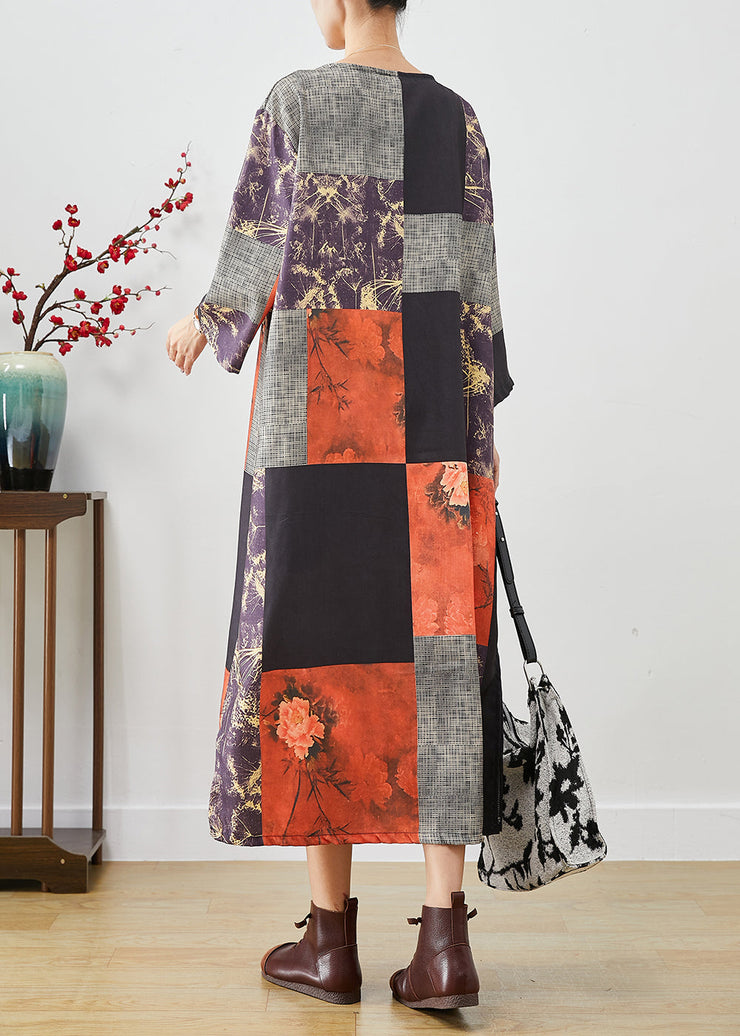 Art Colorblock Oversized Patchwork Print Linen Long Dresses Fall – SooLinen
