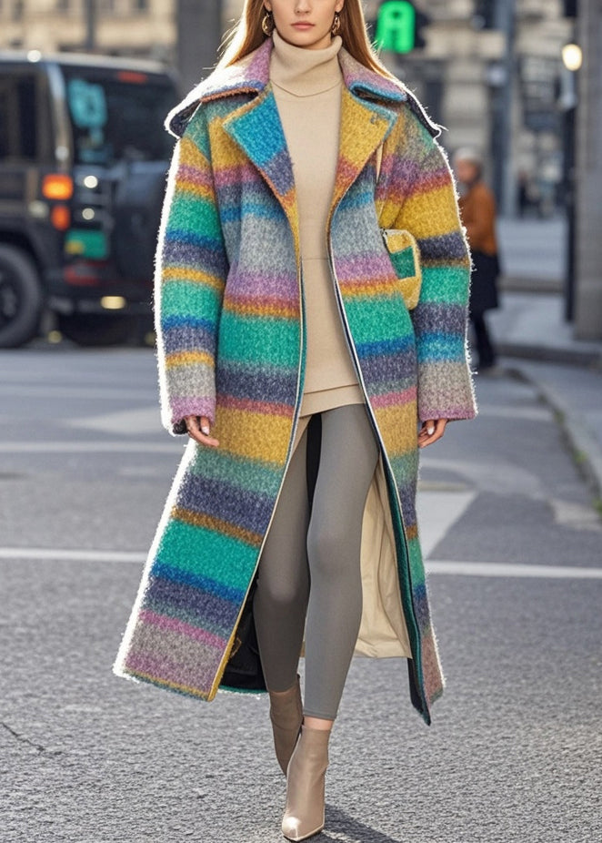 Art Rainbow Striped Thick Woolen Trench Fall – SooLinen