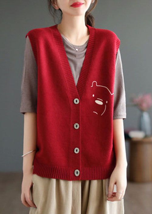 Art Red V Neck Cartoon Jacquard Knit Vest Tops Winter – SooLinen