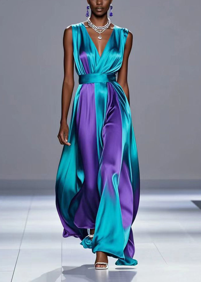 Beautiful Dull Green Cinched Patchwork Silk Vacation Dresses Sleeveles ...