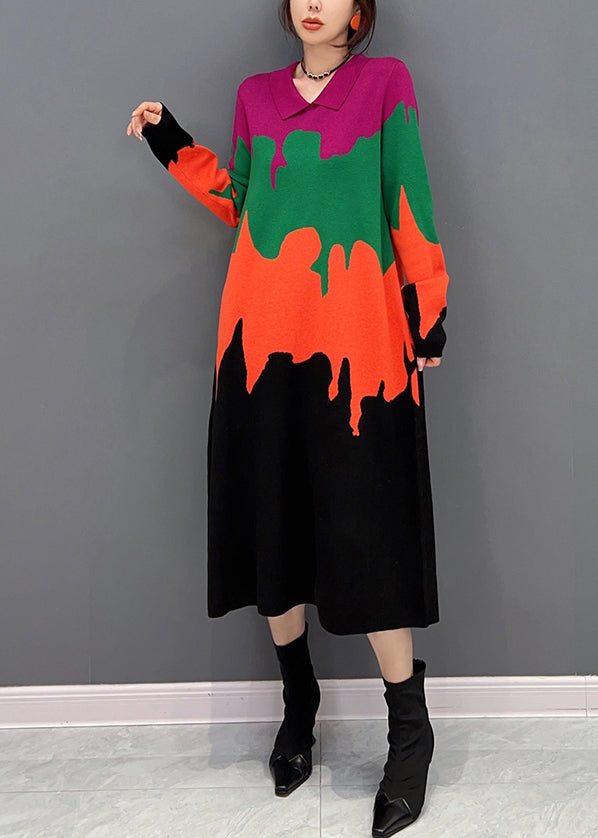 Beautiful Peter Pan Collar Print Patchwork Knit Dress Fall – SooLinen