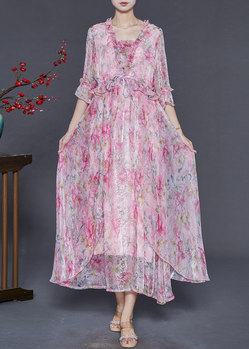 Beautiful Pink Ruffled Print Silk Party Dresses Summer – SooLinen