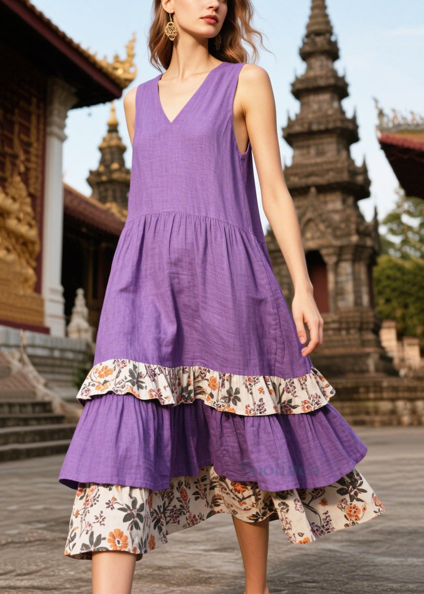 Beautiful Purple Oversized Patchwork Linen Sundresses Summer – SooLinen