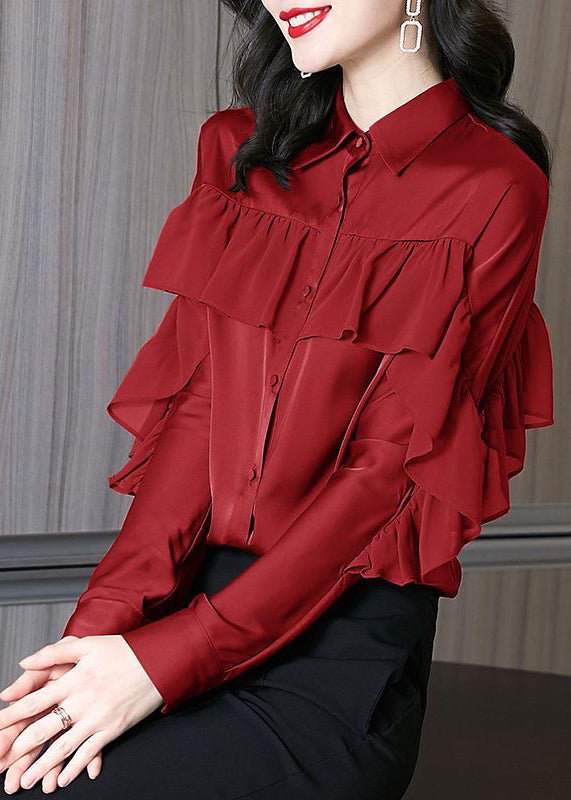 Beautiful Red Peter Pan Collar Ruffled Patchwork Silk Shirts Spring ...