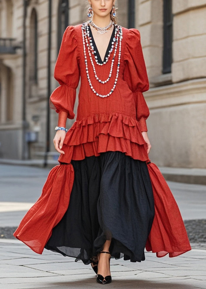 Beautiful Red Ruffled Patchwork Cotton Vacation Dresses Lantern Sleeve ...