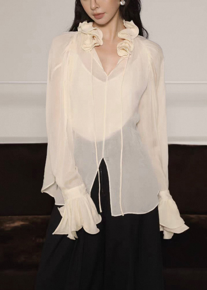 Beige Lace Up Side Open Silk Cotton Blouses Ruffled Flare Sleeve – SooLinen