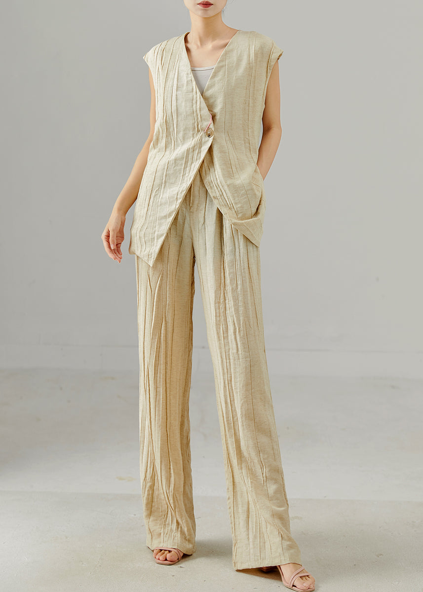 Beige Linen Two Piece Suit Set Asymmetrical Wrinkled Summer – SooLinen