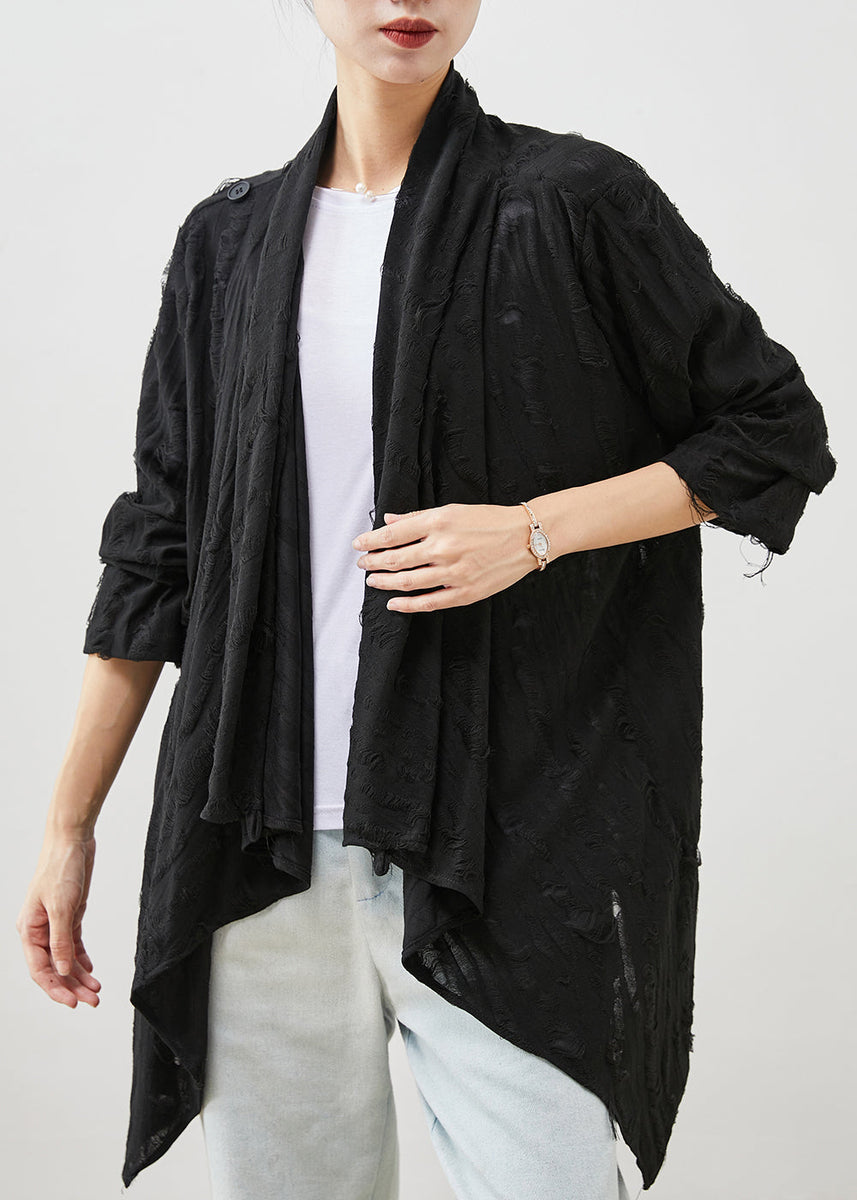 Black Oversized Cotton Ripped Cardigans Asymmetrical Spring – SooLinen