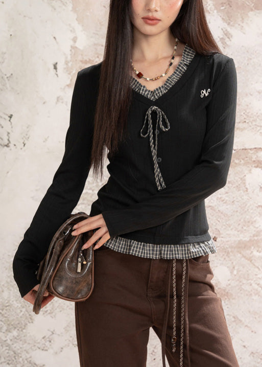 Black Patchwork Cotton Fake Two Piece Tops Ruffled Fall – SooLinen