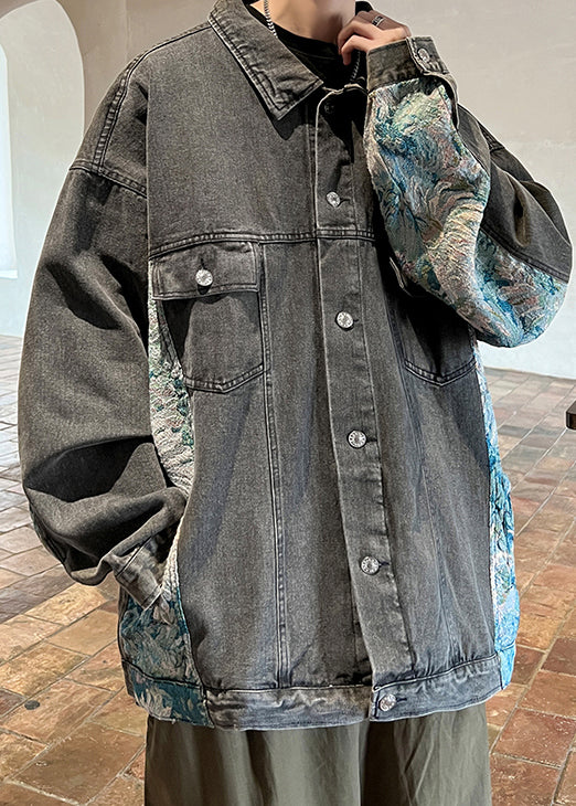 Black Pockets Patchwork Men Coat Peter Pan Collar Spring – SooLinen