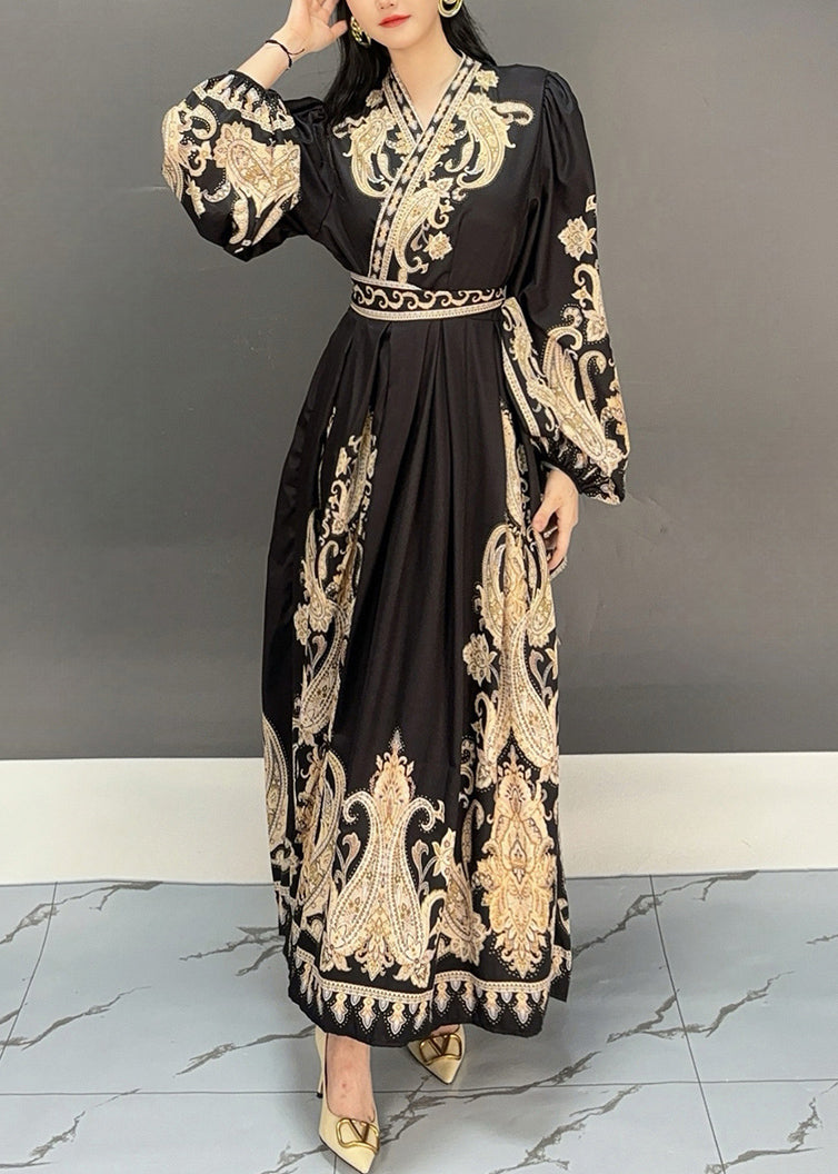 Black Print High Waist Fall Maxi Dresses V Neck – SooLinen