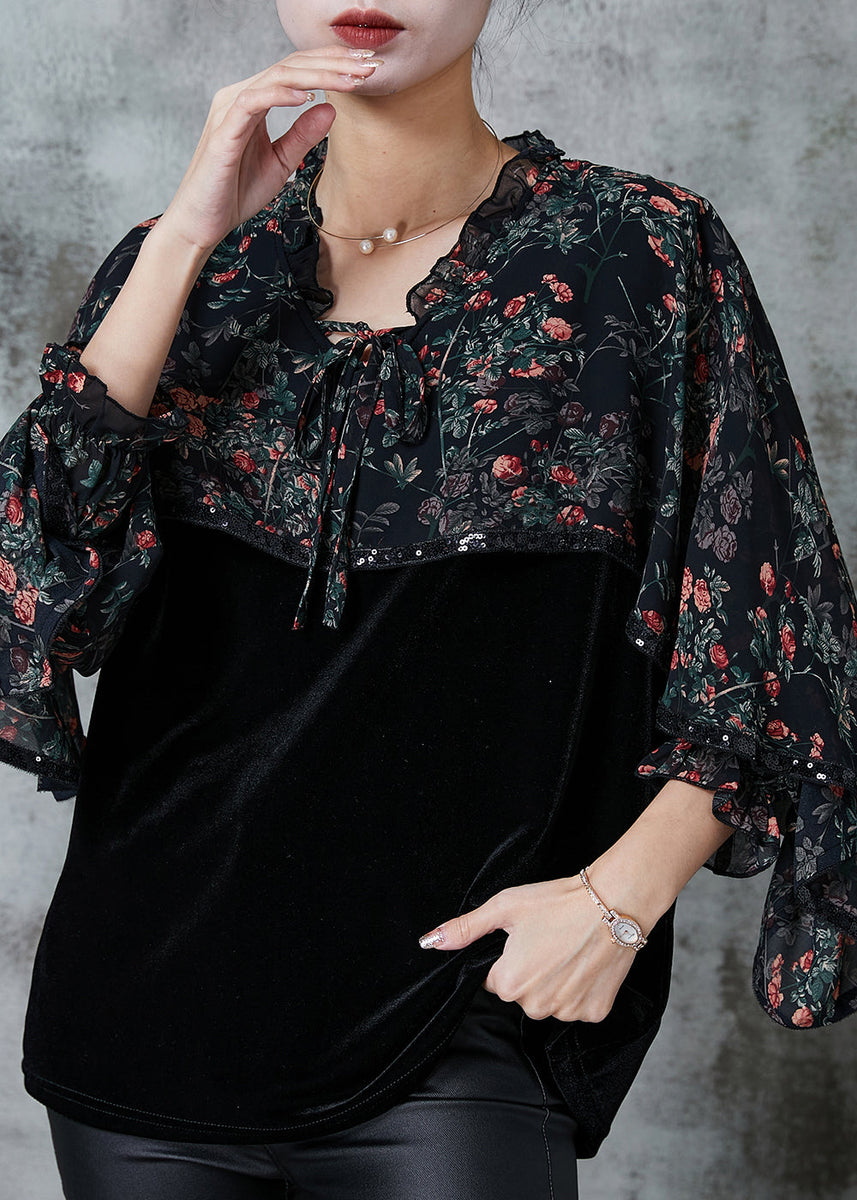 Black Print Patchwork Silk Velour Top Ruffled Cloak Sleeves – SooLinen