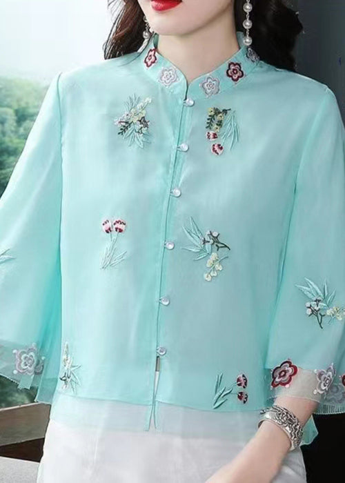 Blue Button Patchwork Shirt Top Embroideried Half Sleeve – SooLinen
