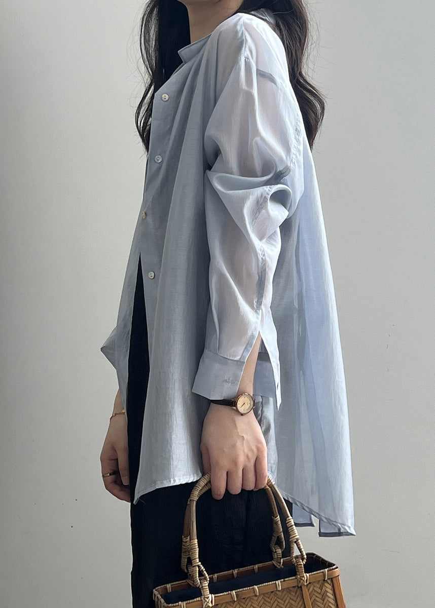 Blue Lace Up Side Open Silk Blouses Peter Pan Collar Spring – SooLinen