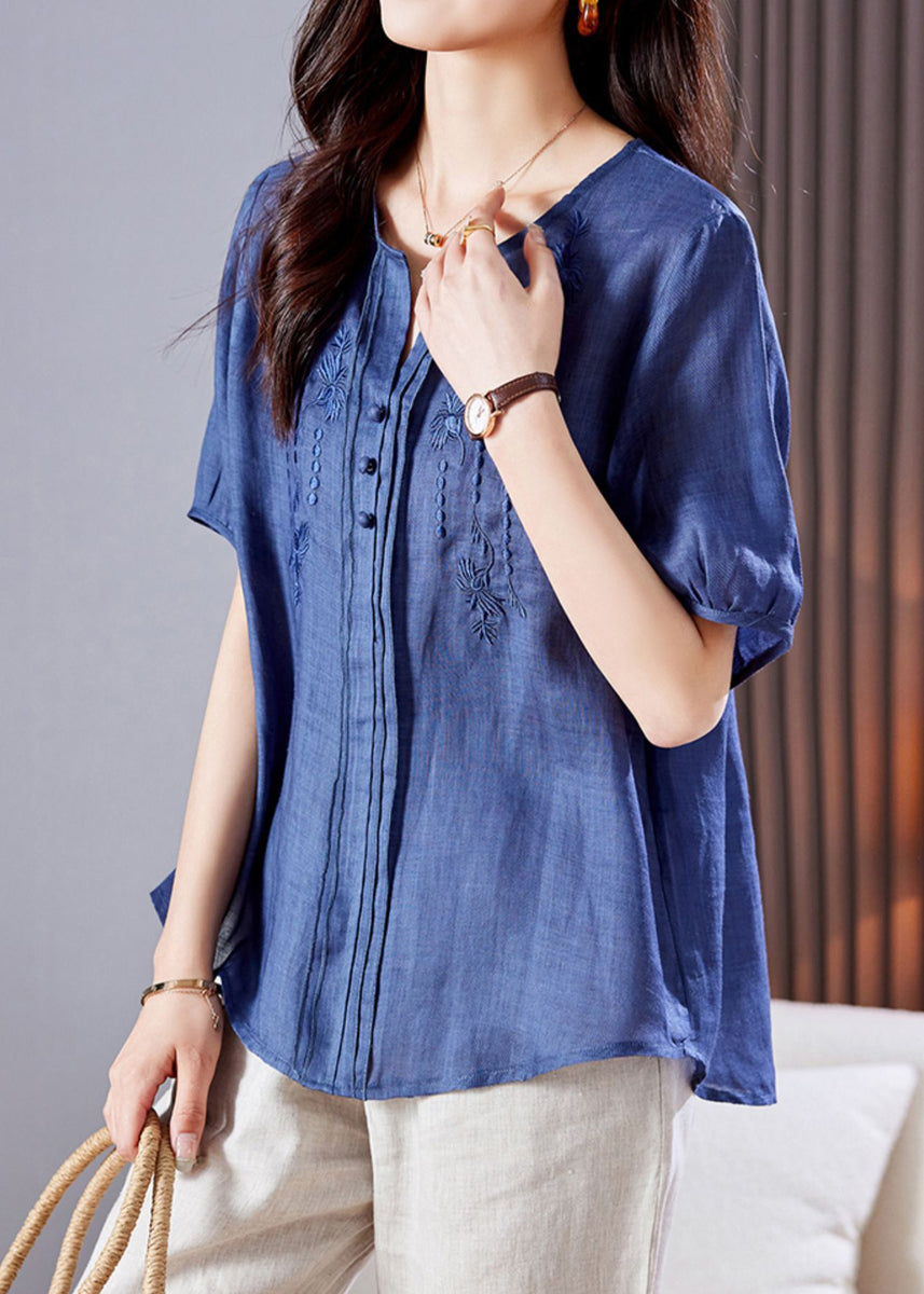 Blue Linen Top Embroidered Wrinkled Summer – SooLinen