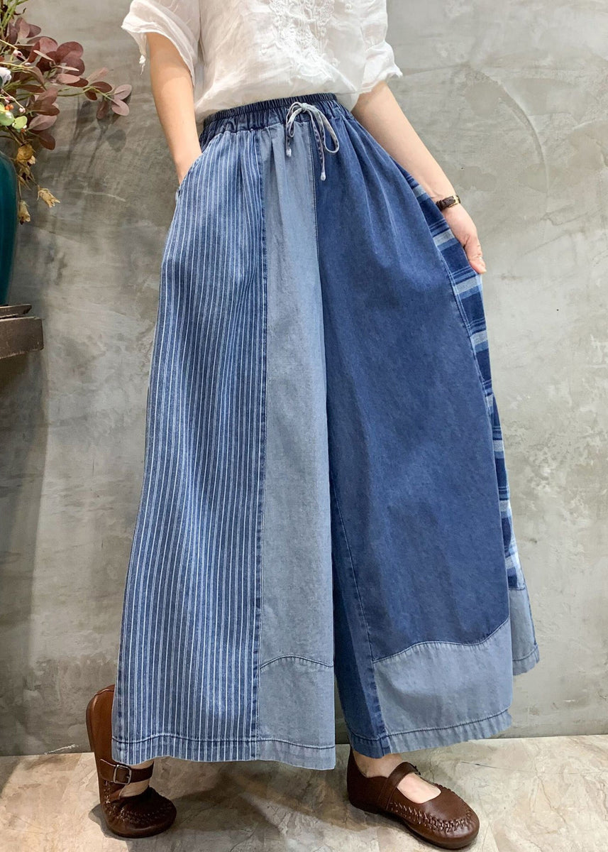 Blue Plaid Elastic Waist Patchwork Denim Loose Pants Pockets – SooLinen
