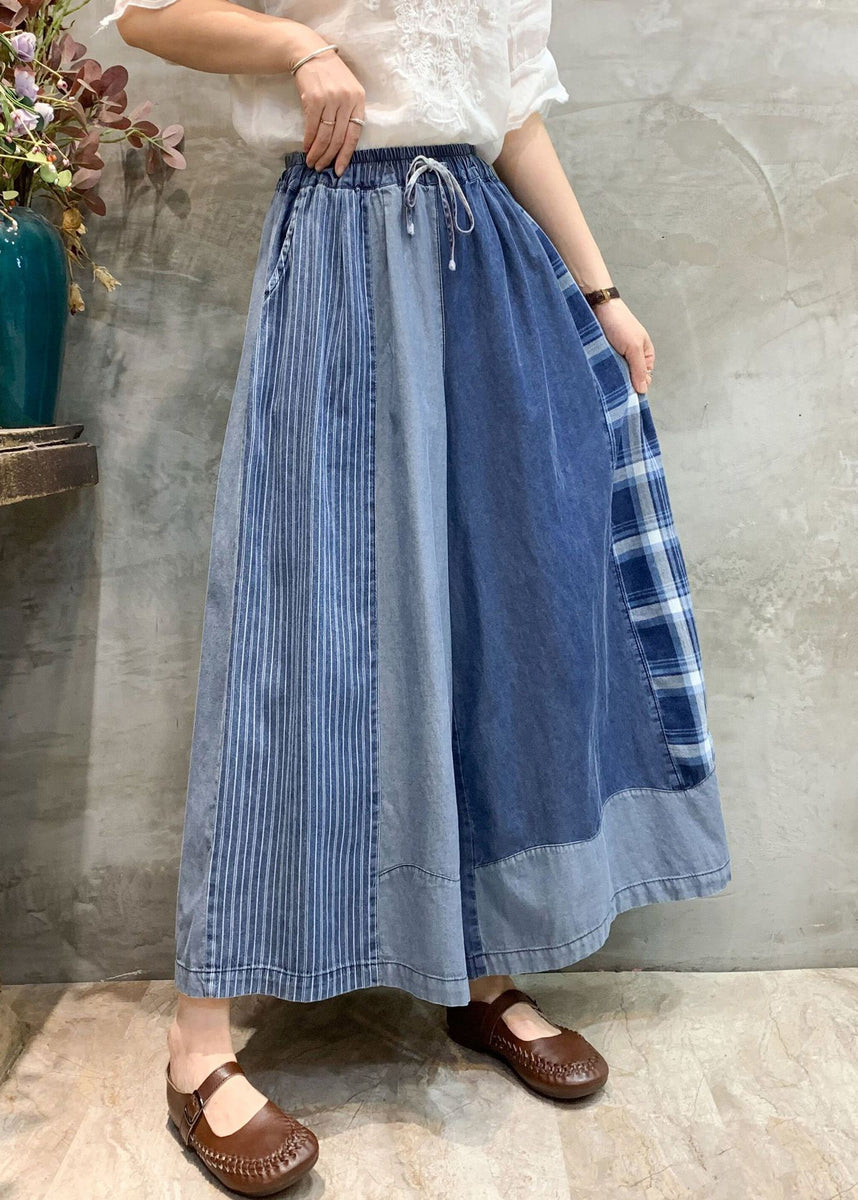 Blue Plaid Elastic Waist Patchwork Denim Loose Pants Pockets – SooLinen