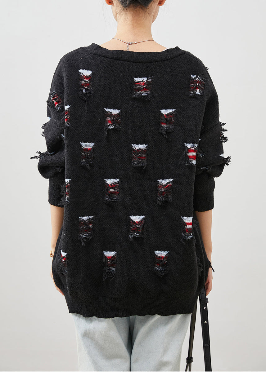 Bohemian Black Oversized Ripped Thick Knit Coat Spring – SooLinen