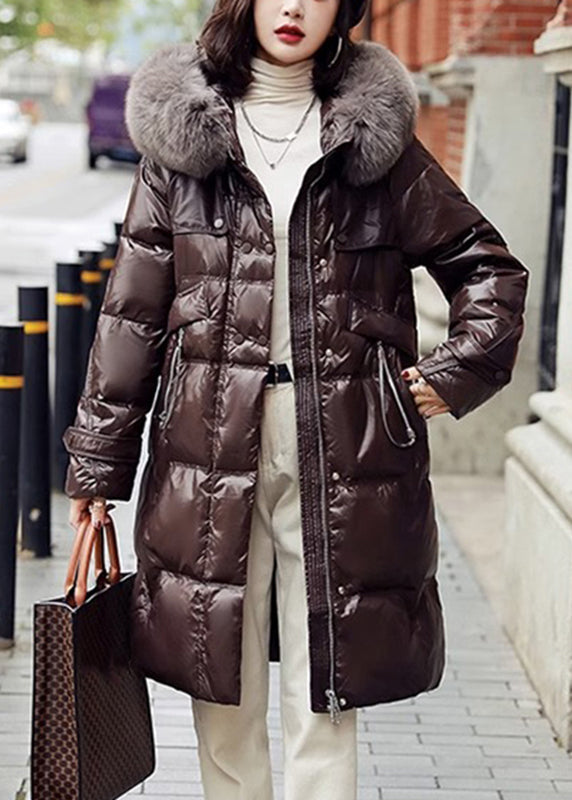 Bohemian Coffee Fox Collar Drawstring Zippered Puffer Jacket Winter ...