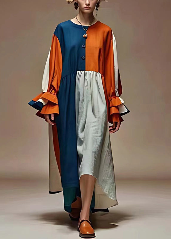 Bohemian Colorblock Oversized Patchwork Linen Dress Flare Sleeve – SooLinen