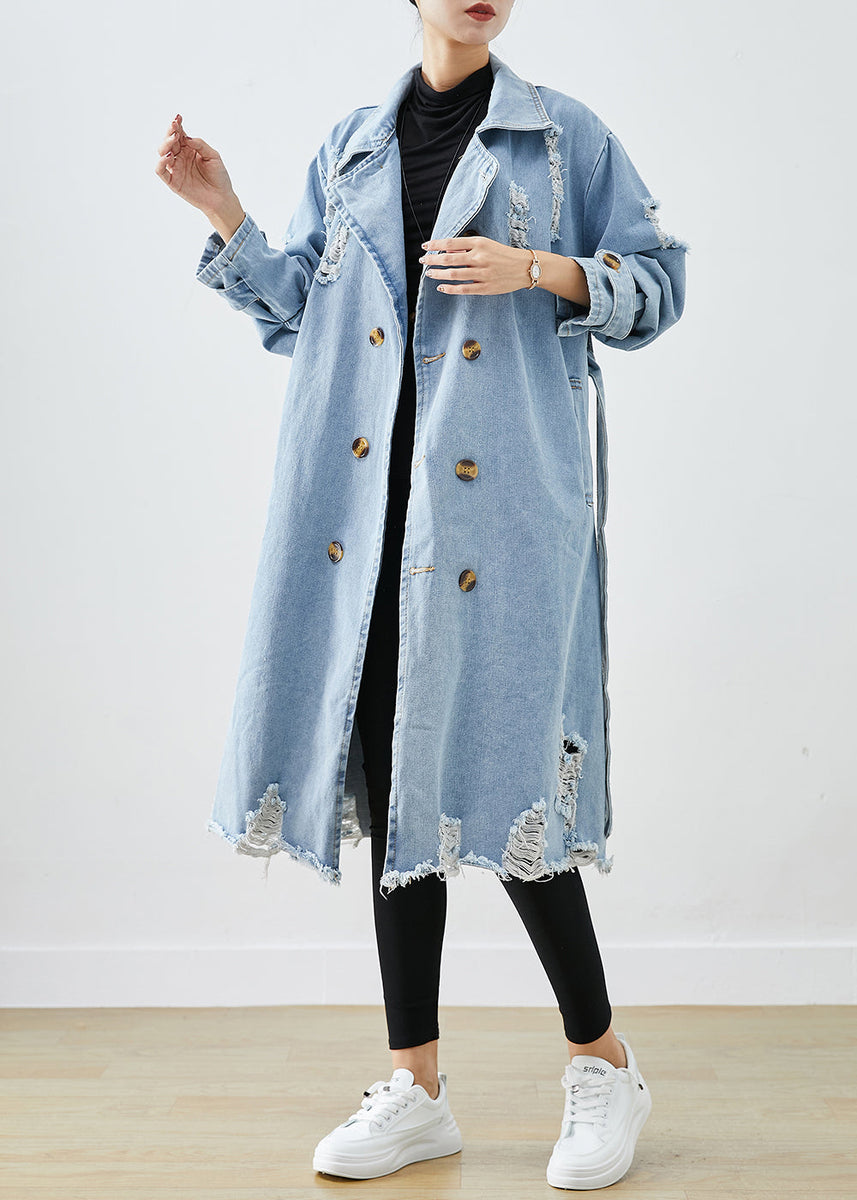 Bohemian Light Blue Lapel Double Breast Denim Ripped Coats Fall – SooLinen