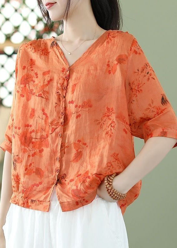 Bohemian Orange Print Slim Fit Linen Shirt Top Half Sleeve – SooLinen