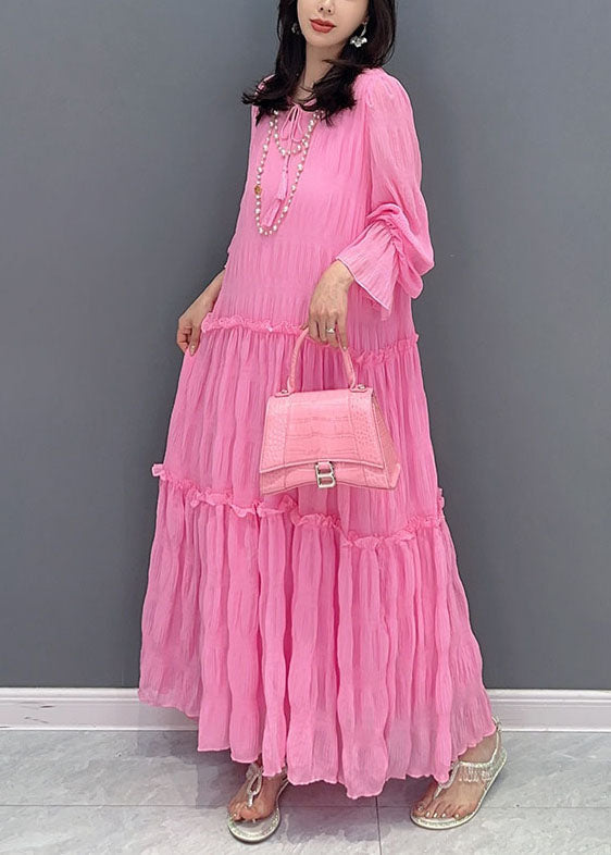 Bohemian Pink Ruffled Lace Up Patchwork Chiffon Long Dress Summer ...
