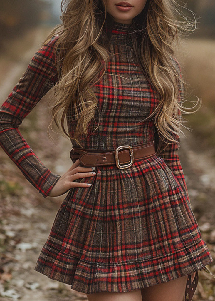 Bohemian Red Hign Neck Plaid Cotton Mini Dress Spring – SooLinen