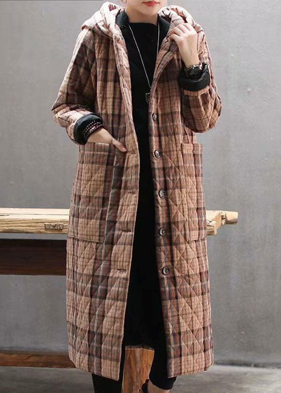 Bohemian Red Hooded Plaid Pockets Fine Cotton Filled Long Coat Outwear ...