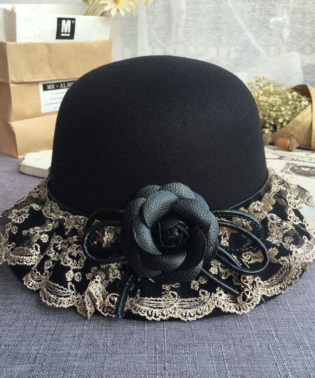 Boho Black Lace Patchwork Floral Woolen Bucket Hat – SooLinen
