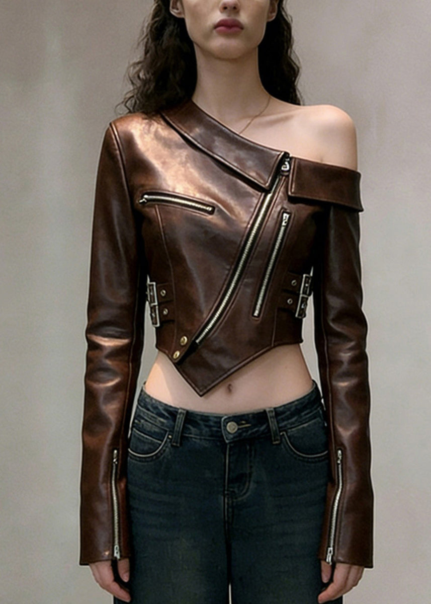 Boho Brown One Shoulder Bare Midriff Faux Leather Coats Spring – SooLinen