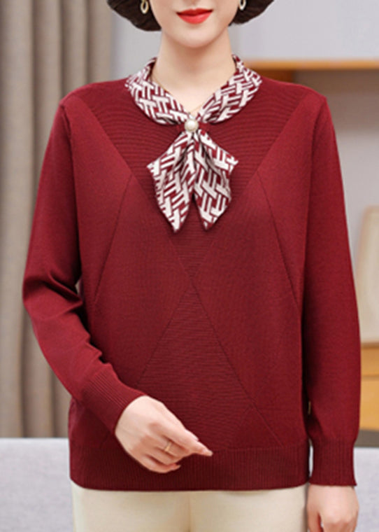 Boho Red Bow Plaid Cotton Knit Sweaters Fall – SooLinen